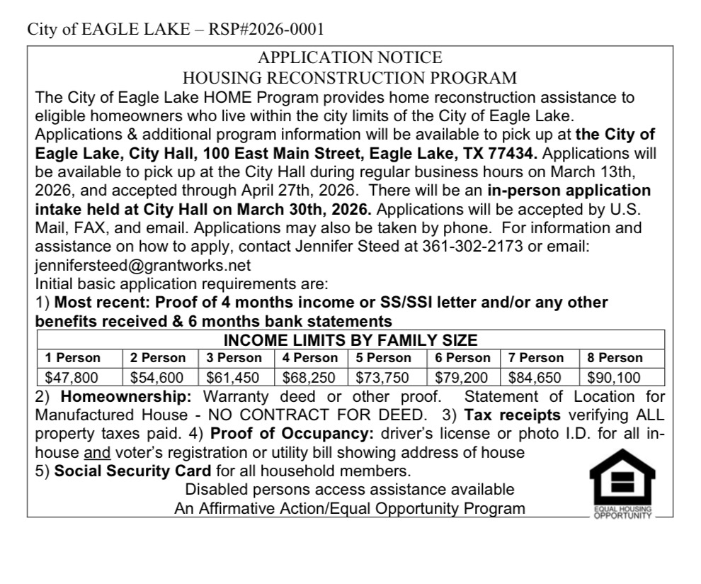 HOUSING RECONSTRUCTION PROGRAM | Eagle Lake TX